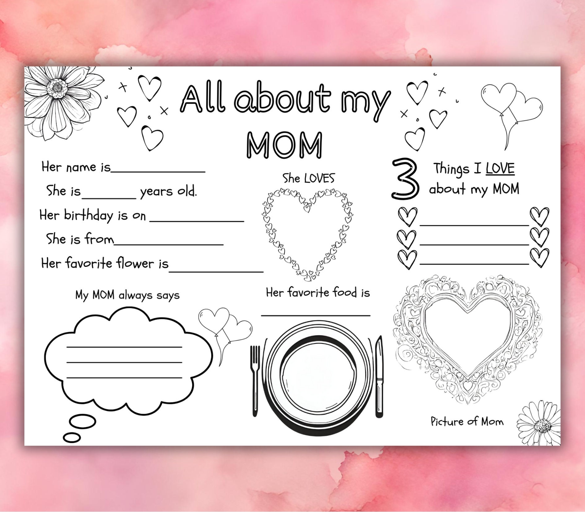 Mother's Day Printable, All About My Mom, Mothers Day Gift, Card for ...