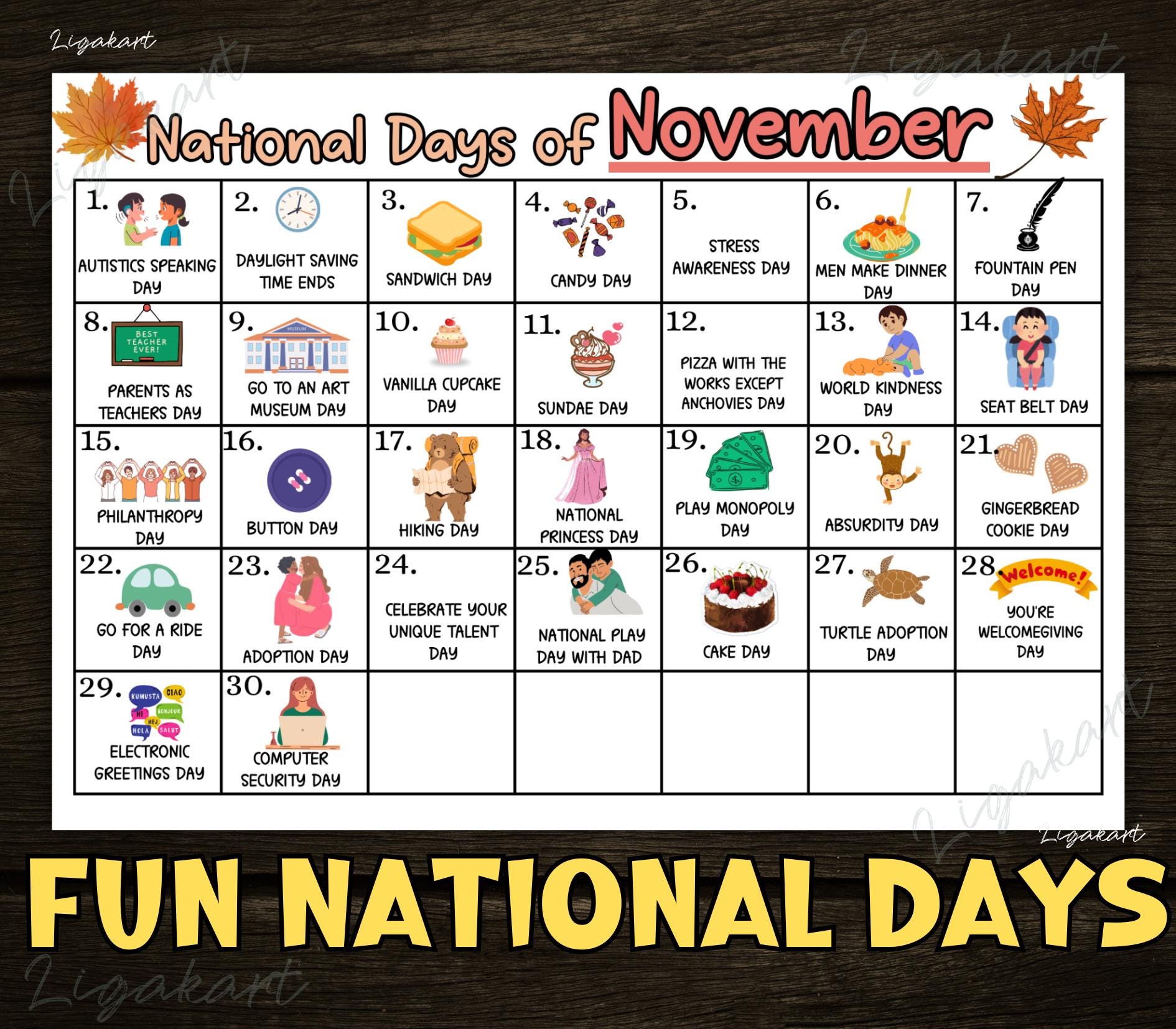 Printable NOVEMBER Calendar With National Days - Etsy