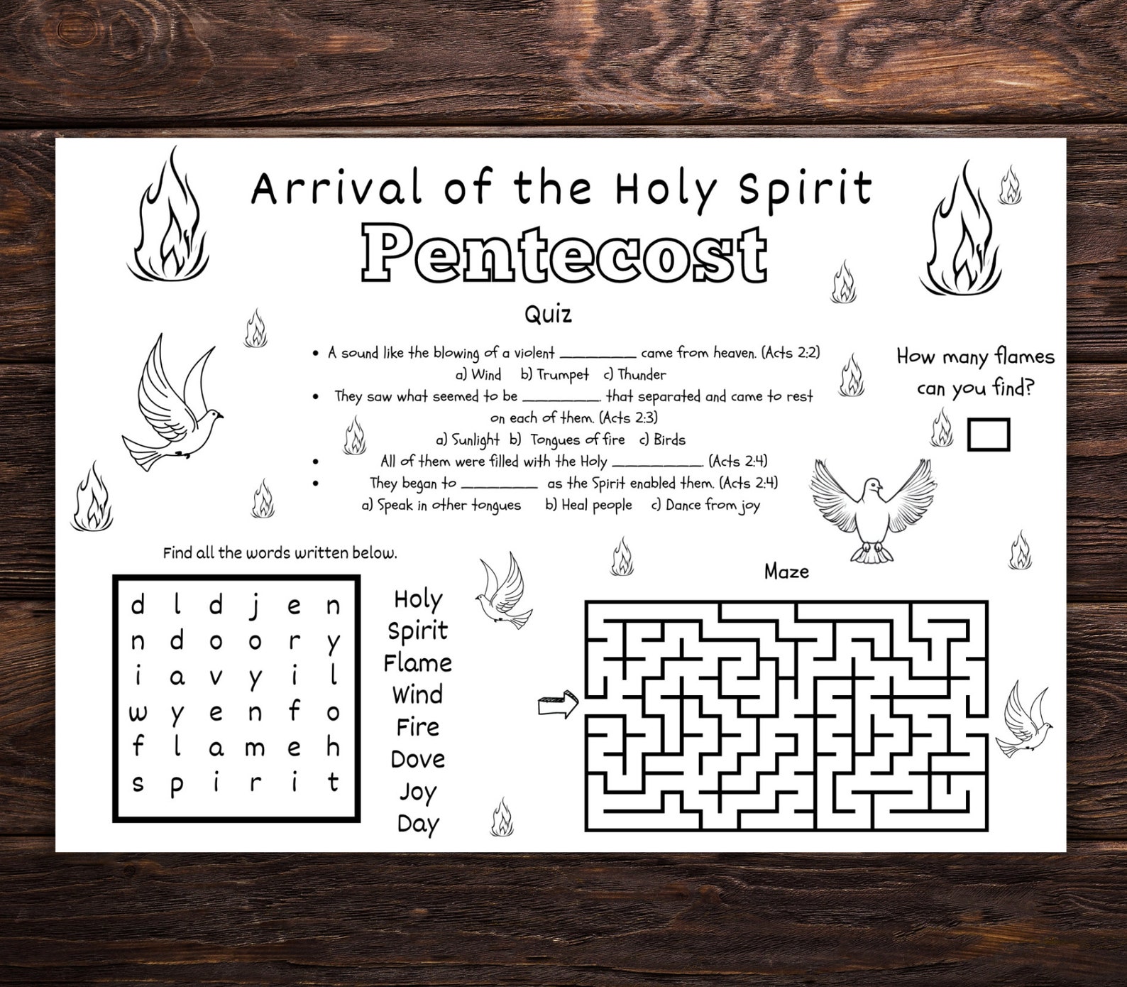 Pentecost Activity Placemat, Holy Spirit Coloring Page for Kids ...