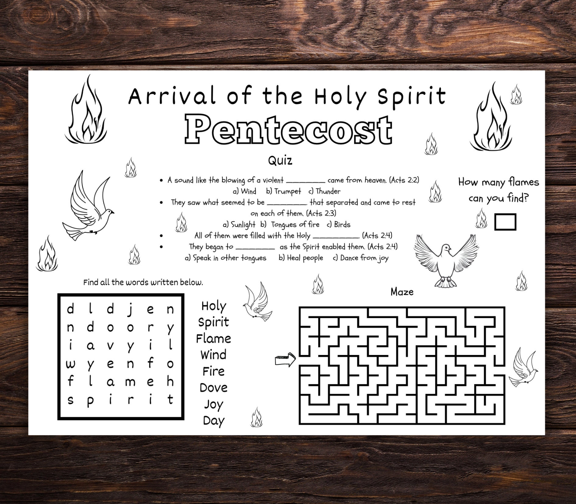Pentecost Activity Placemat, Holy Spirit Coloring Page for Kids ...