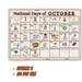 Fun October Holiday Calendar, Printable OCTOBER National Days Calendar ...