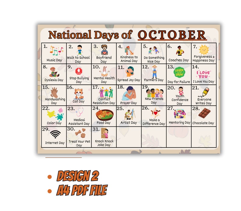 Fun October Holiday Calendar, Printable OCTOBER National Days Calendar ...