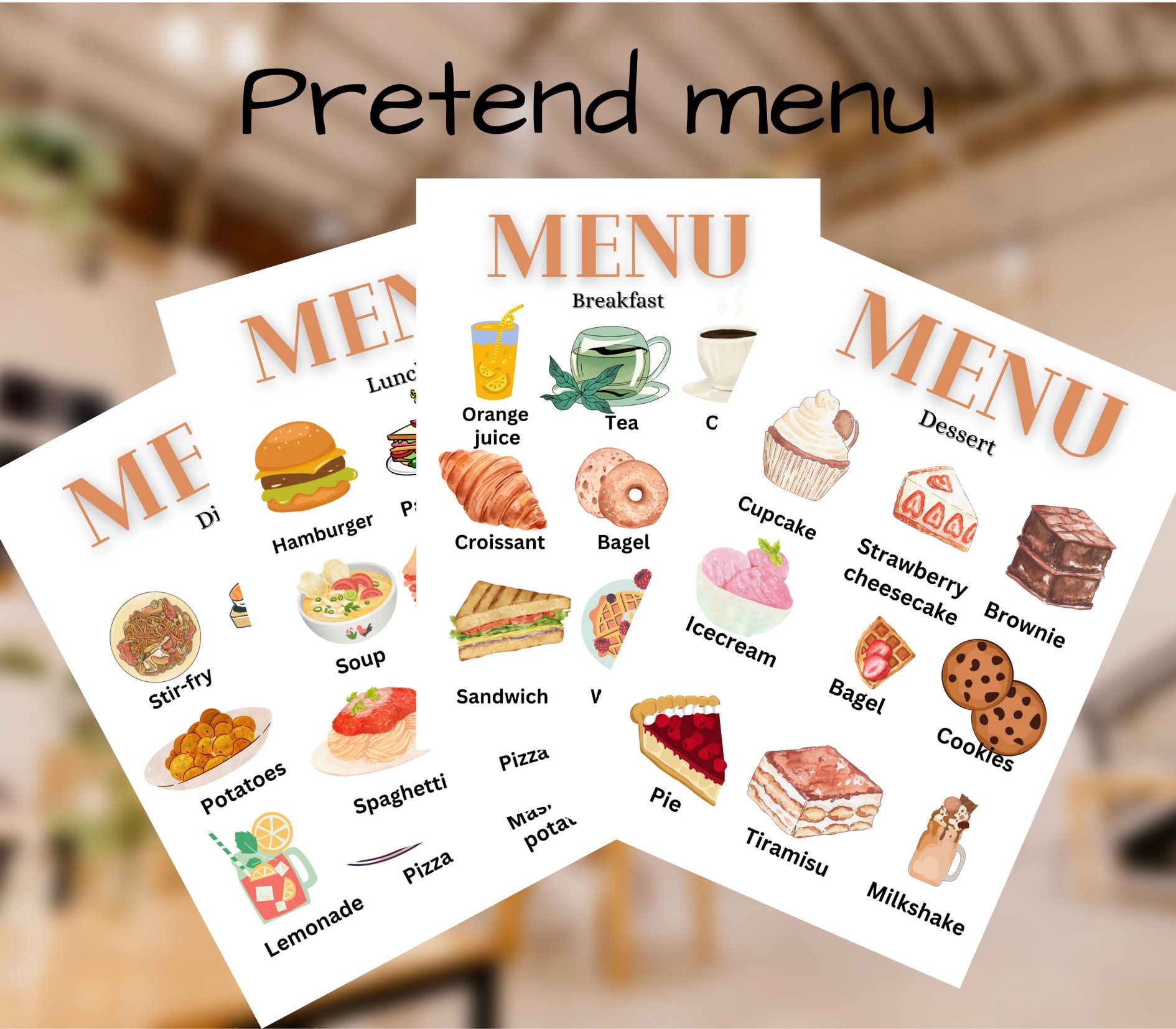 Printable Pretend Play Menus, Bakery Kids Breakfast, Lunch, Dinner ...