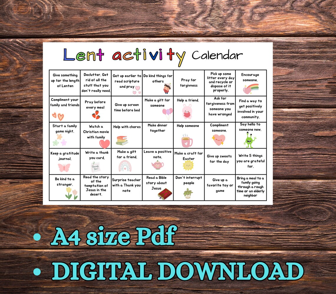 Lent Activity Calendar for Kids, 40 Days Lenten Calendar, Ash Wednesday ...