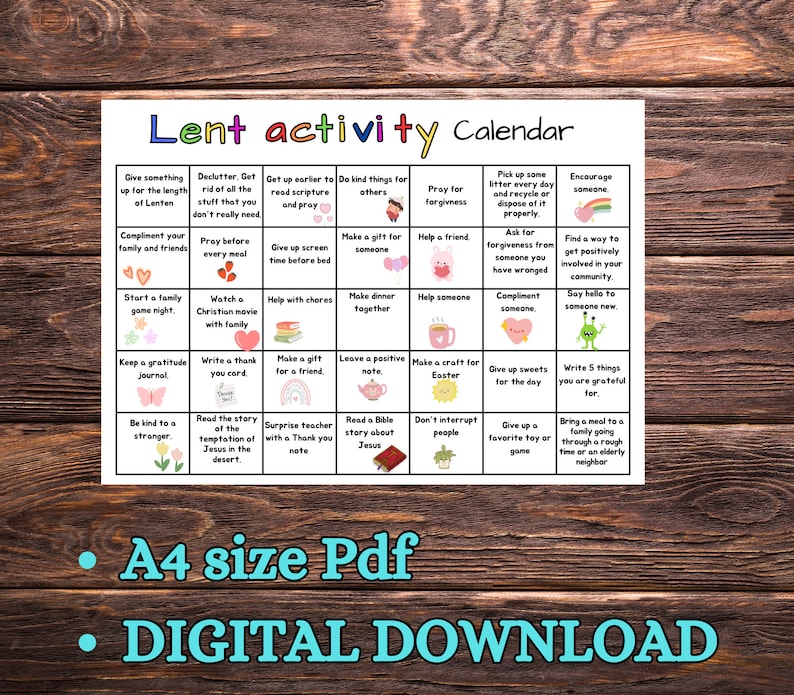 Lent Activity Calendar for Kids, 40 Days Lenten Calendar, Ash Wednesday ...