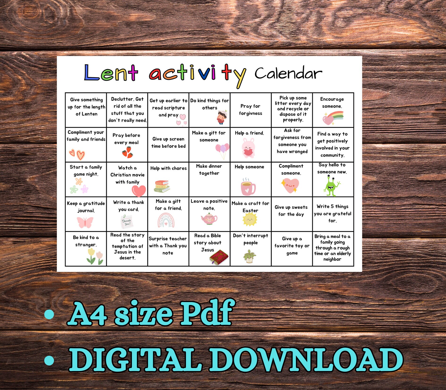 Lent Activity Calendar for Kids, 40 Days Lenten Calendar, Ash Wednesday ...