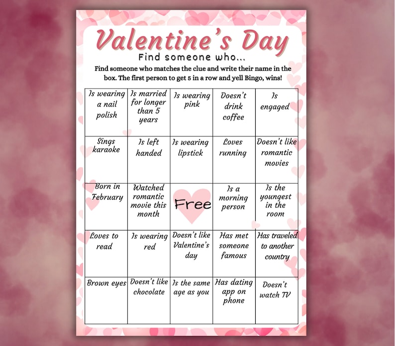 Valentine Mix & Mingle Bingo, Valentine Find the Guest Bingo Game, Cute ...