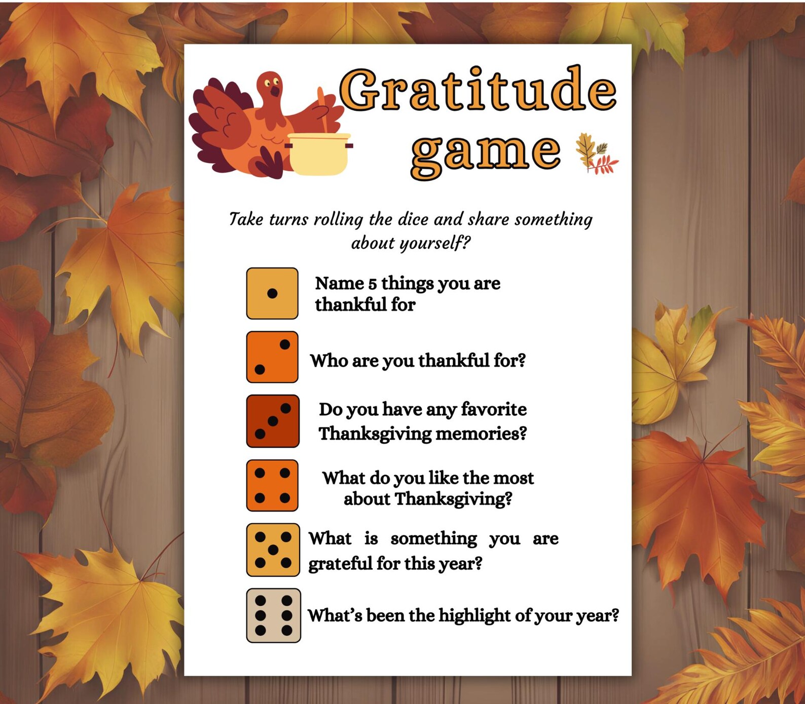 Thanksgiving Party Game, Thanksgiving Gratitude Game, Thanksgiving Dice ...