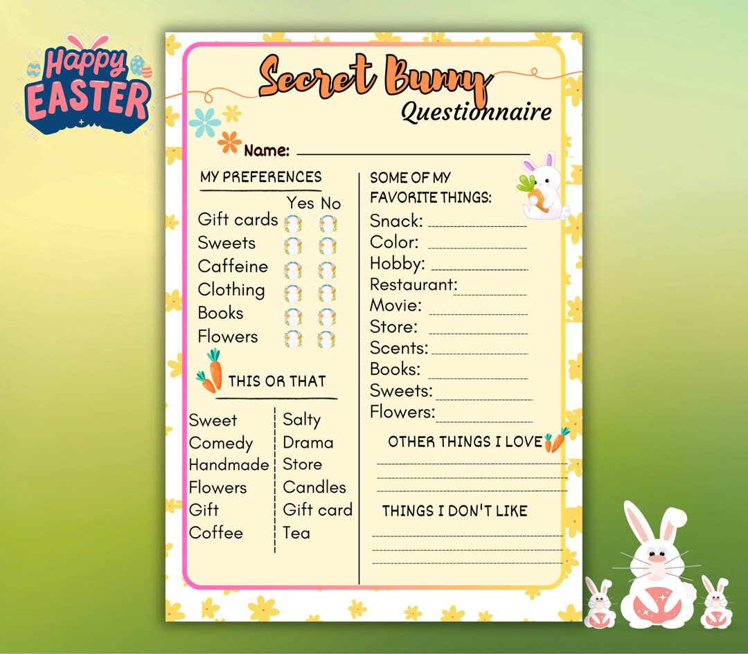 Secret Bunny Survey Questionnaire, Easter Gift Exchange, Easter ...