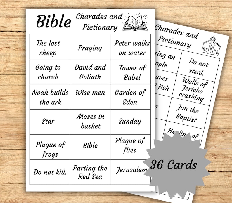 Bible Charades, Printable Bible Pictionary Cards, Printable Bible Games ...
