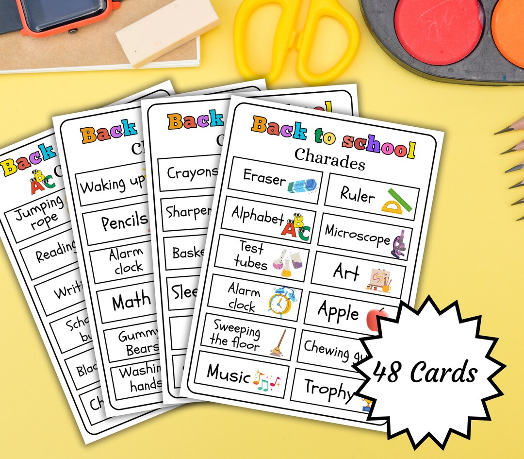 Back to School Charades, 48 Fun Phrases, First Day of School, Printable ...