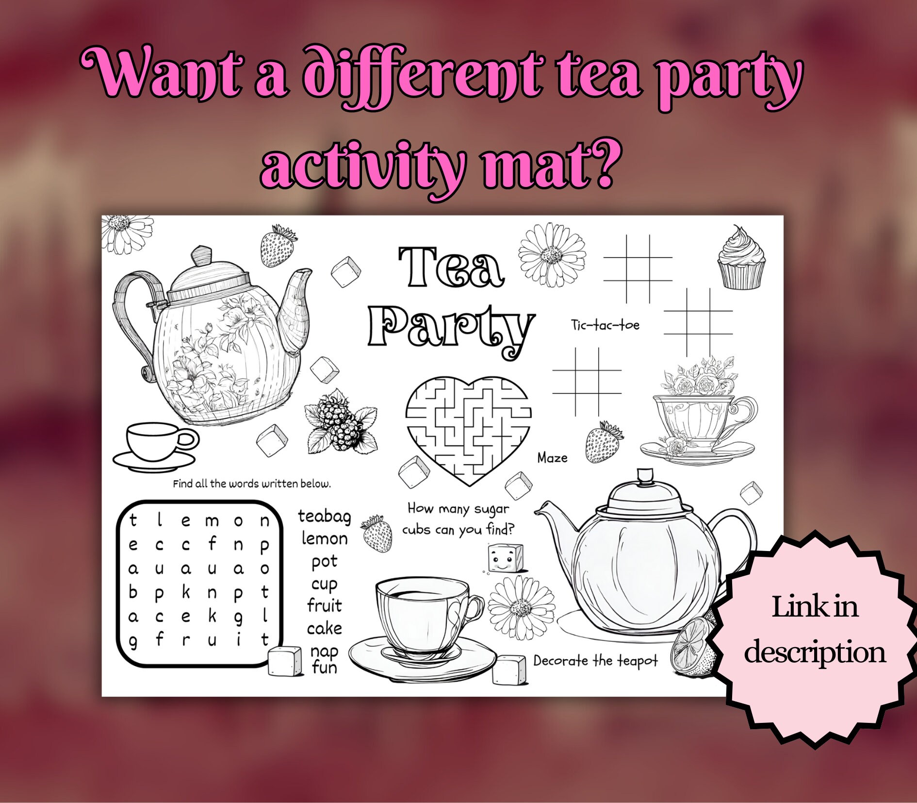 Kids Tea Party Activity Mat, Party Coloring Sheet, Tea Party Games ...