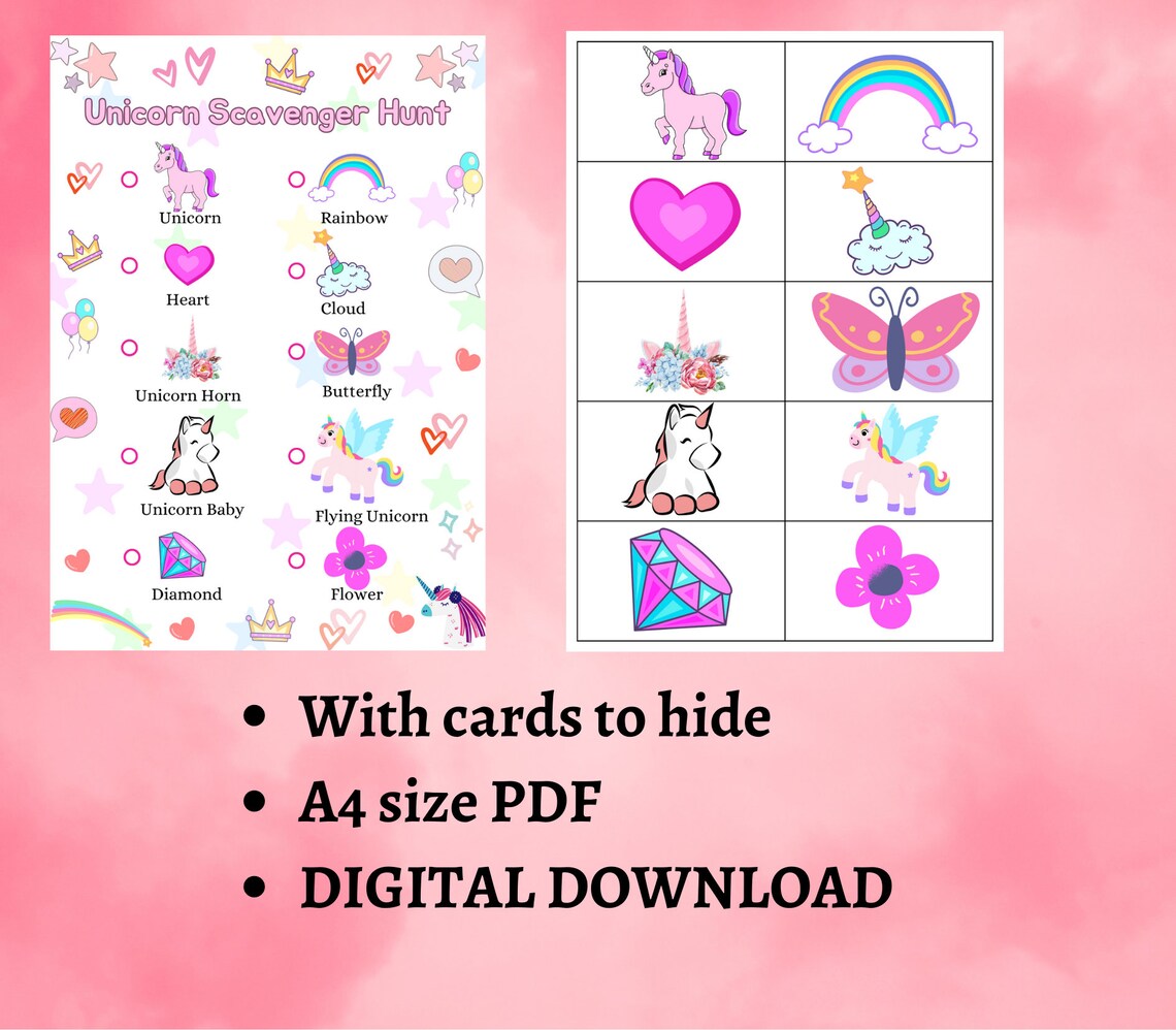 Unicorn Themed Scavenger Hunt, Kids Birthday Party Games, Unicorn ...