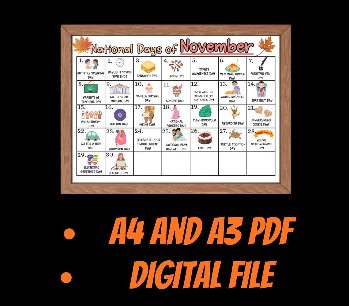 Printable NOVEMBER Calendar With National Days - Etsy