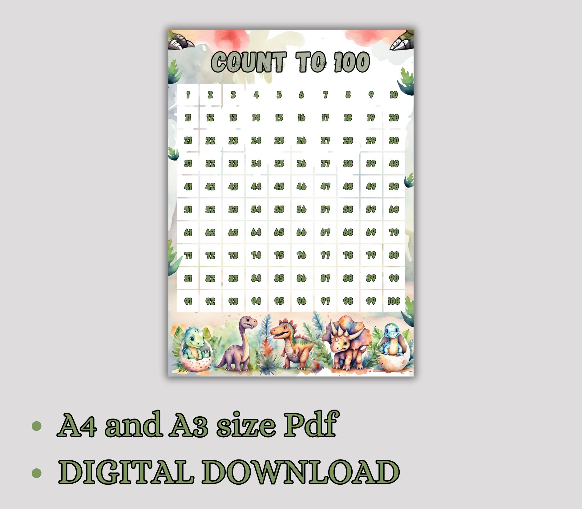 Dinosaurs Count to 100, Numbers Poster, Educational Print, Fun Numbers ...