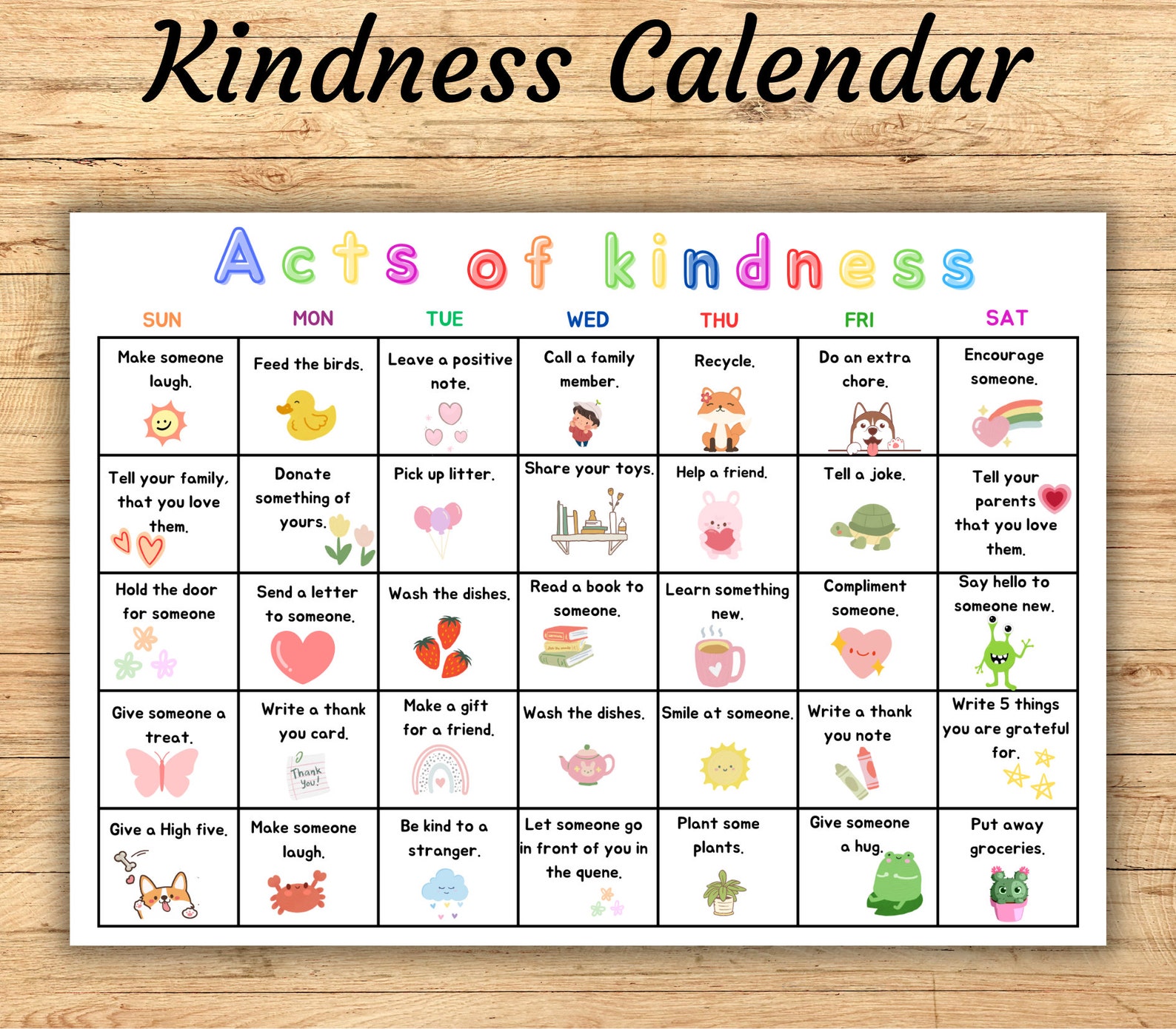 Acts of Kindness Calendar, Kindness Activities for Kids, Random Acts of ...