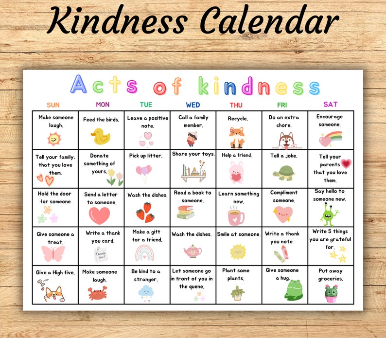 Acts of Kindness Calendar, Kindness Activities for Kids, Random Acts of ...