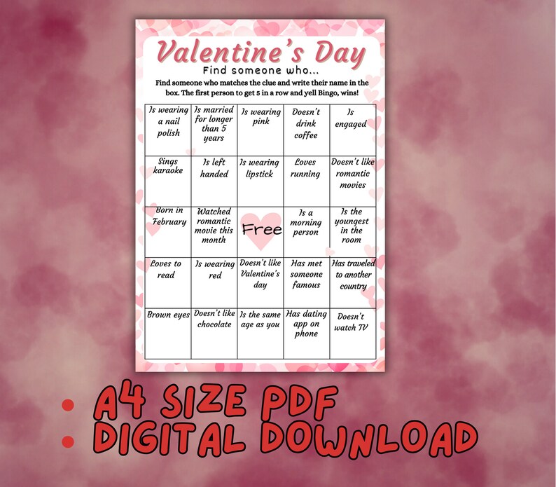 Valentine Mix & Mingle Bingo, Valentine Find the Guest Bingo Game, Cute ...