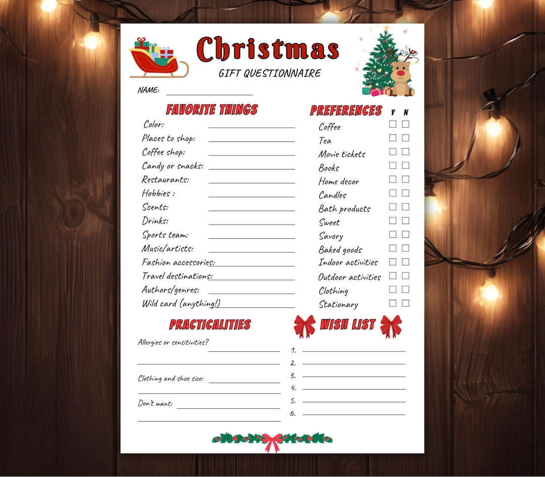 Printable Christmas Gift Questionnaire, Secret Christmas Survey, Wish ...