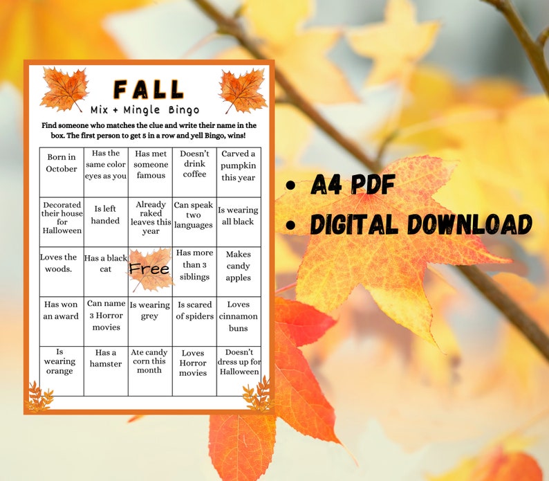 Fall Mix & Mingle Bingo Game, Fall Find the Guest Bingo Game, Cute Fall ...