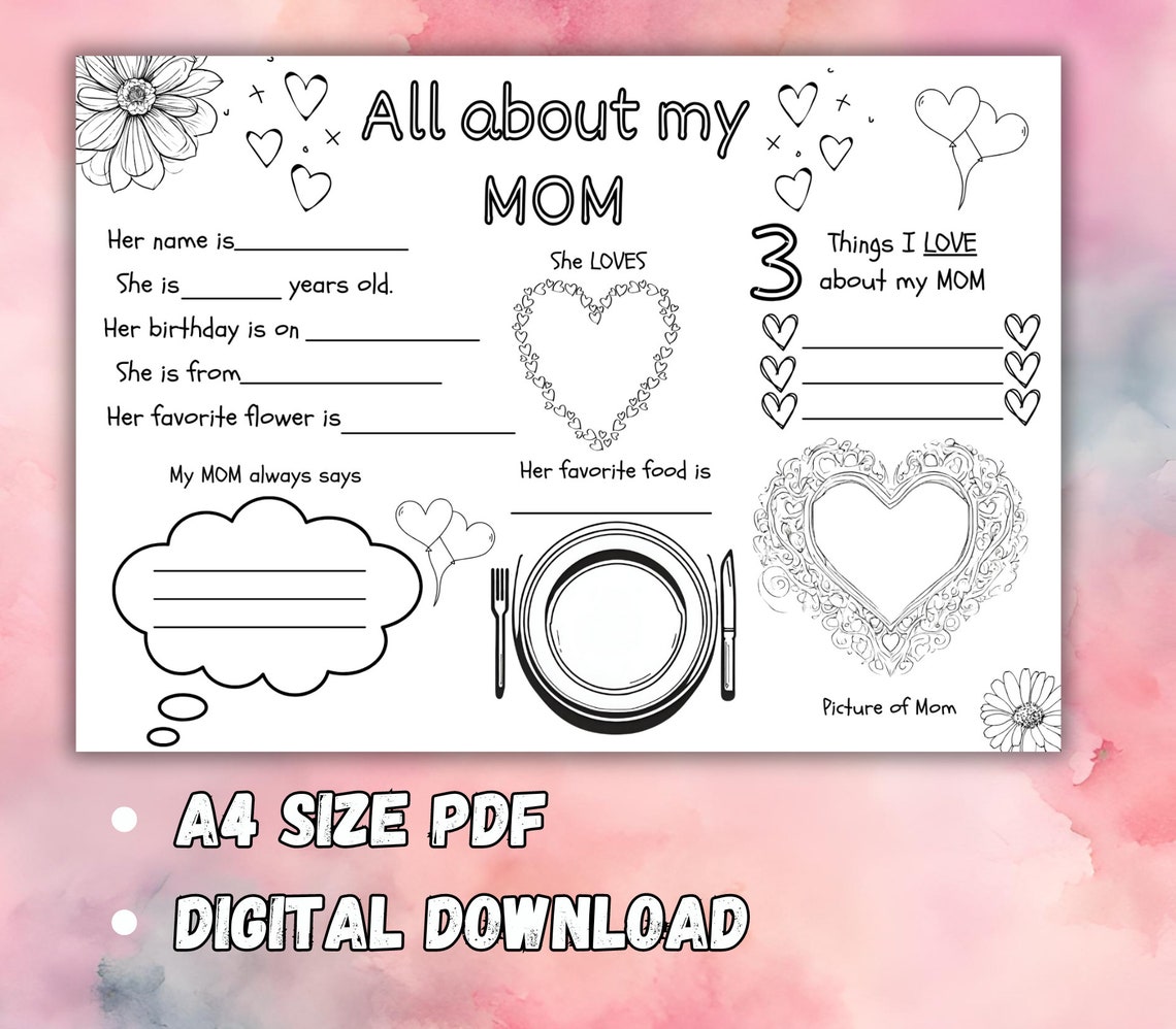 Mother's Day Printable, All About My Mom, Mothers Day Gift, Card for ...
