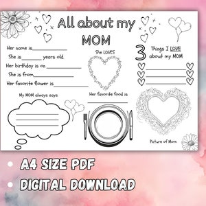 Mother's Day Printable, All About My Mom, Mothers Day Gift, Card for ...