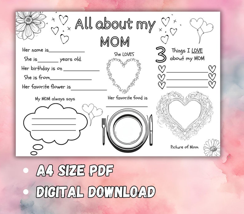 Mother's Day Printable, All About My Mom, Mothers Day Gift, Card for ...