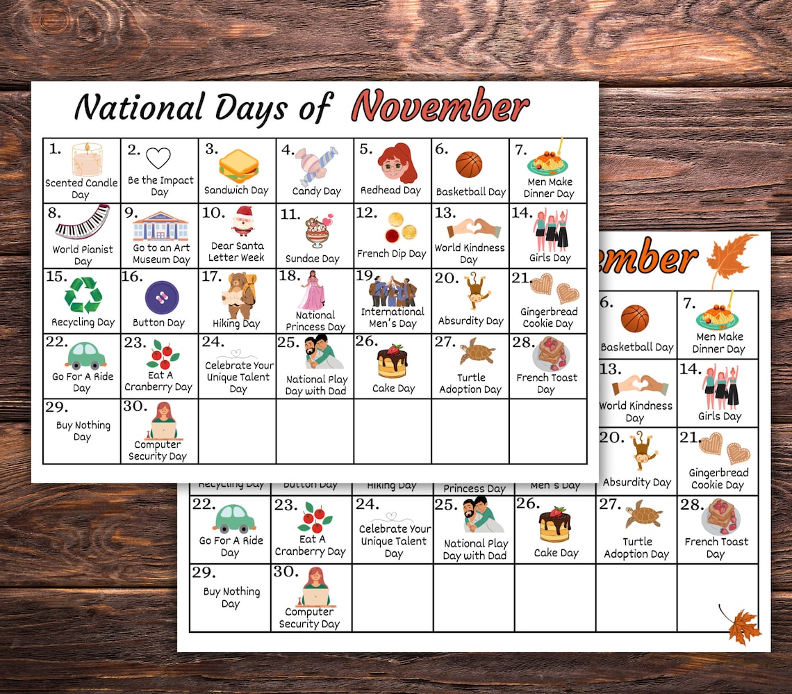 Fun November Holiday Calendar, Printable NOVEMBER National Days ...