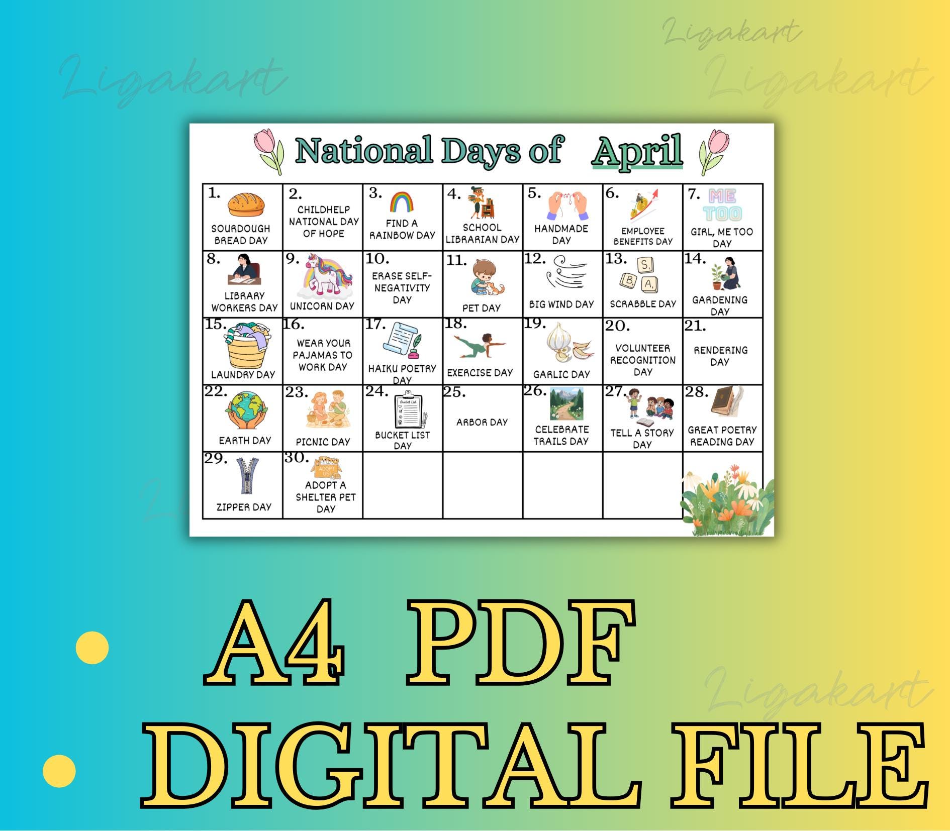April National Days Calendar for Each Day, Family Classroom Fun ...