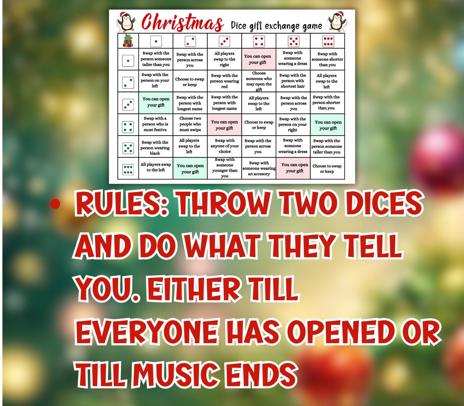 Secret Santa Christmas Gift Exchange Dice Game, Roll the Dice Holiday ...