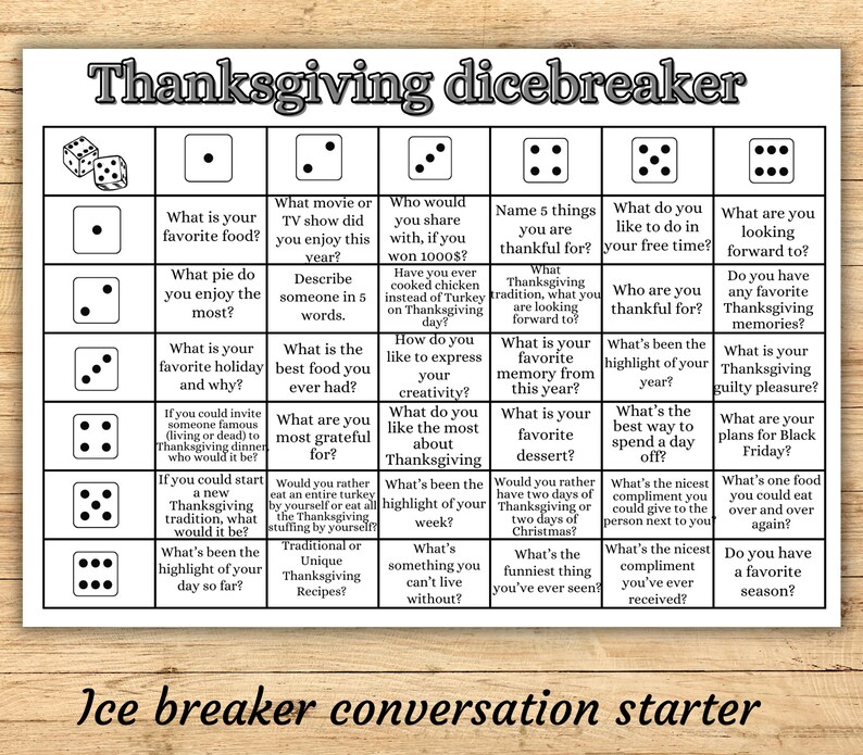 Dicebreaker Roll and Tell Game, Thanksgiving Icebreaker Game ...