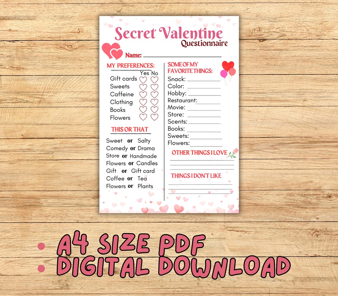 Secret Valentine Survey Questionnaire, Valentine's Day Gift Exchange ...