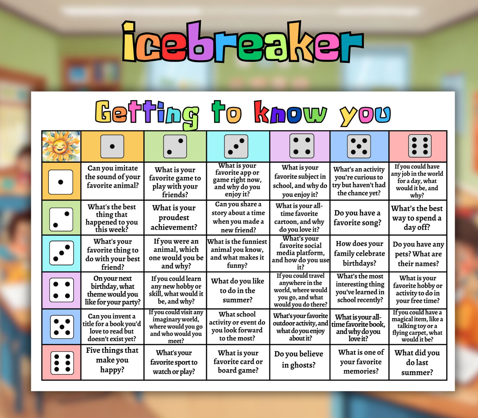 Icebreaker Game, Getting to Know You, Fun Dicebreaker, Back to School, Games for Kids, Teacher ...