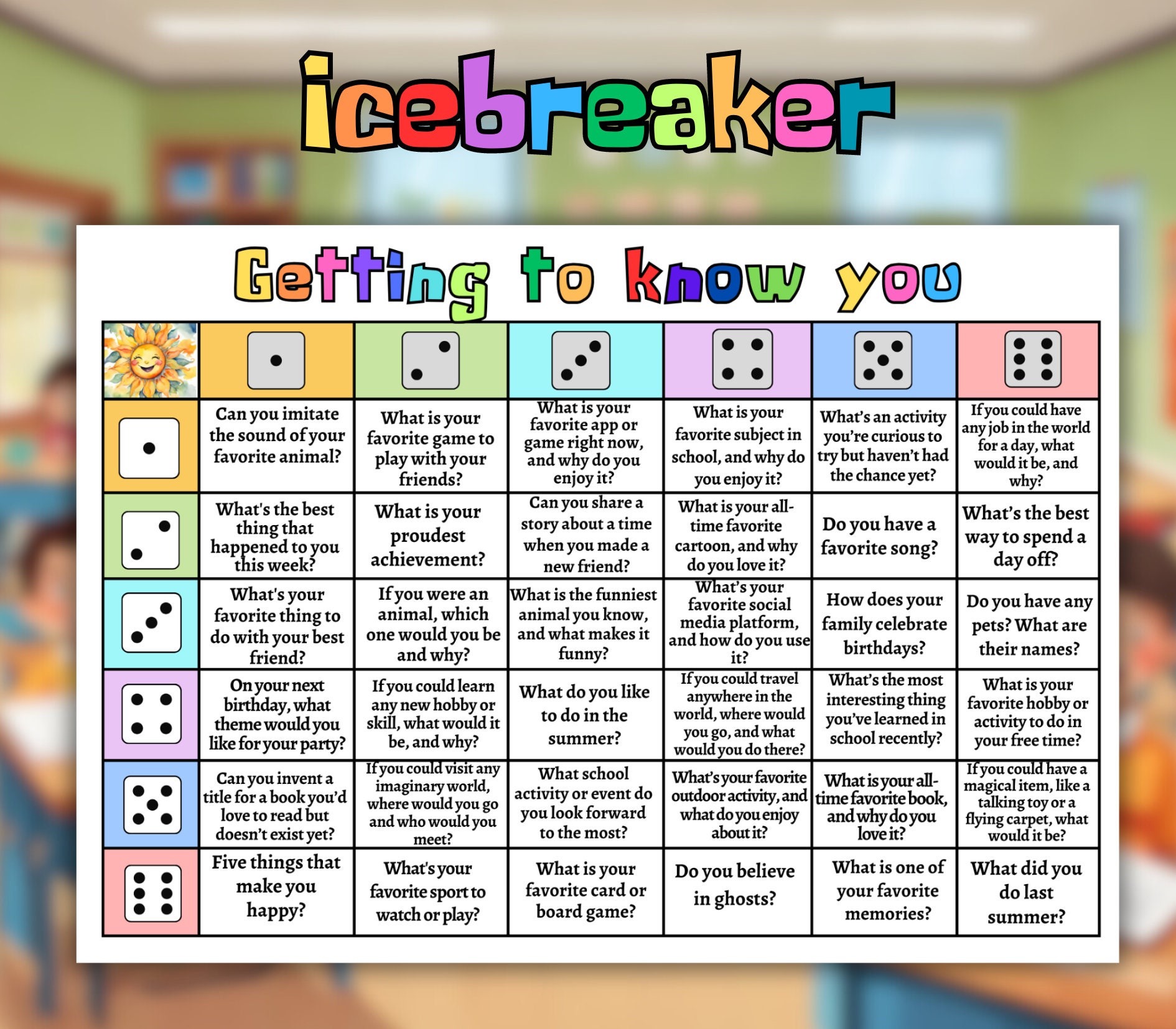 Icebreaker Game, Getting to Know You, Fun Dicebreaker, Back to School ...