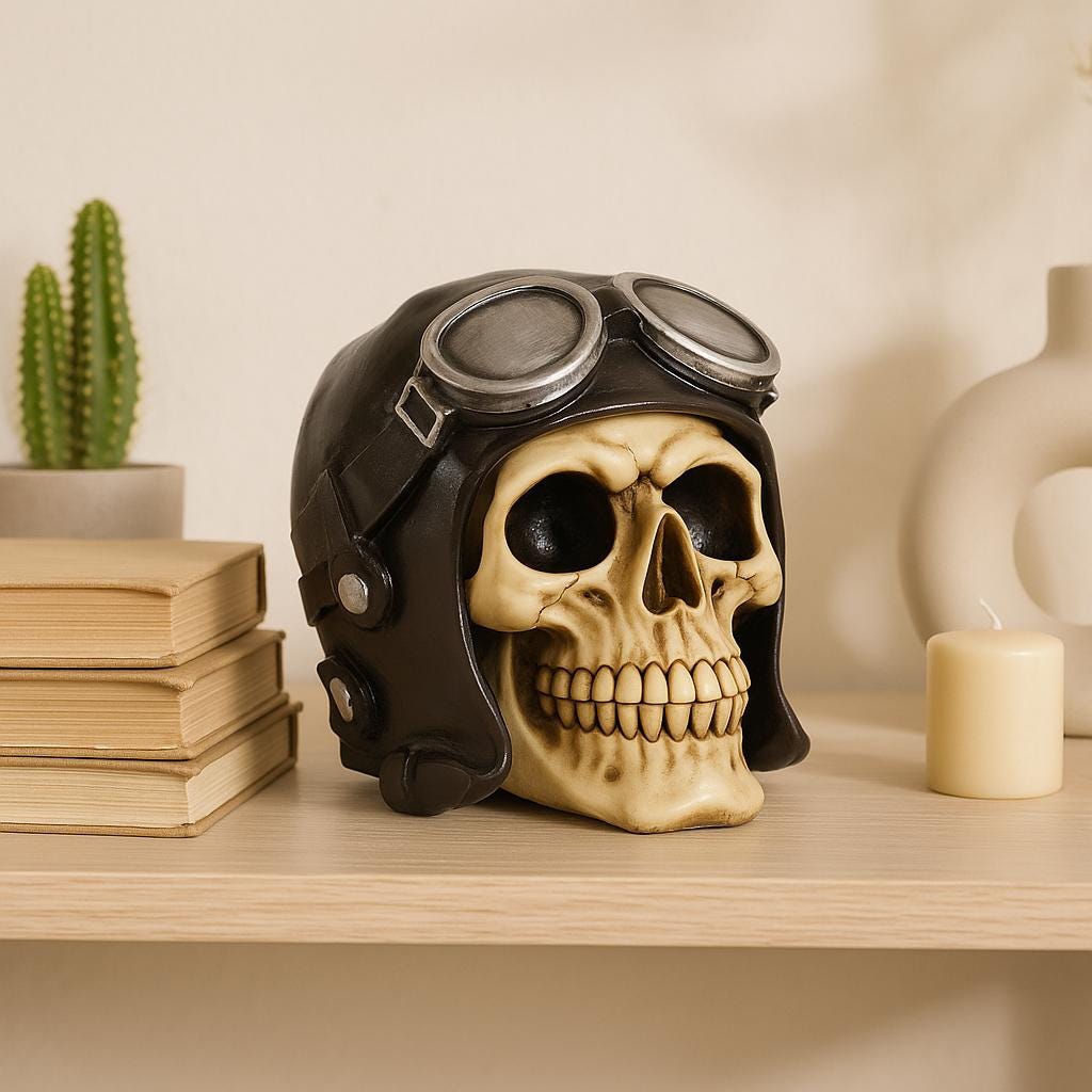 Pilot Skull Sculpture – WW2 Aviator Decor – Military Biker Skull Statue ...