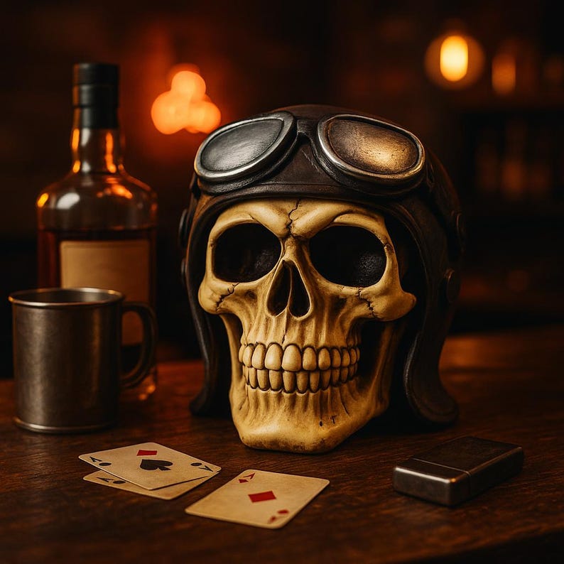 Pilot Skull Sculpture – WW2 Aviator Decor – Military Biker Skull Statue ...