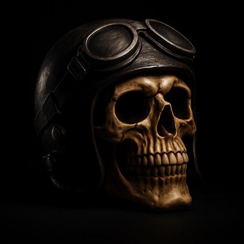 Pilot Skull Sculpture – WW2 Aviator Decor – Military Biker Skull Statue ...