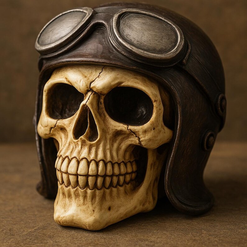 Pilot Skull Sculpture – WW2 Aviator Decor – Military Biker Skull Statue ...