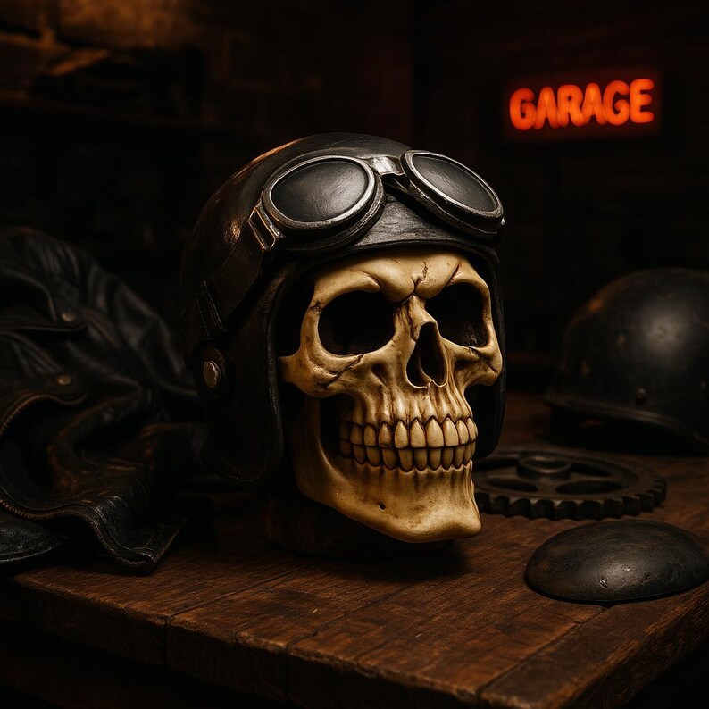 Pilot Skull Sculpture – WW2 Aviator Decor – Military Biker Skull Statue ...