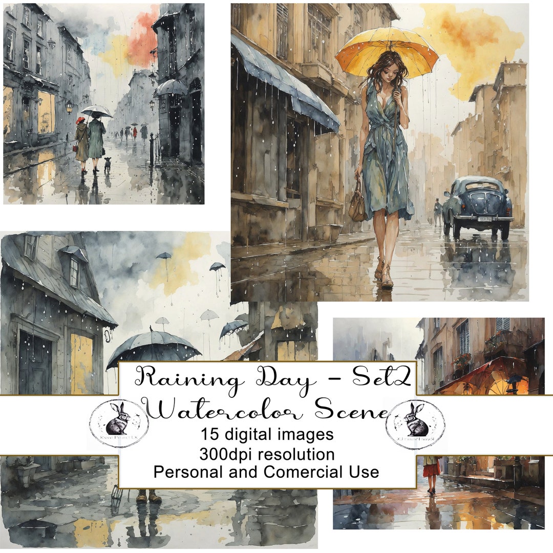 Watercolour Raining Scene 2 Clipart 15 High Quality Jpgs 300dpi Digital ...