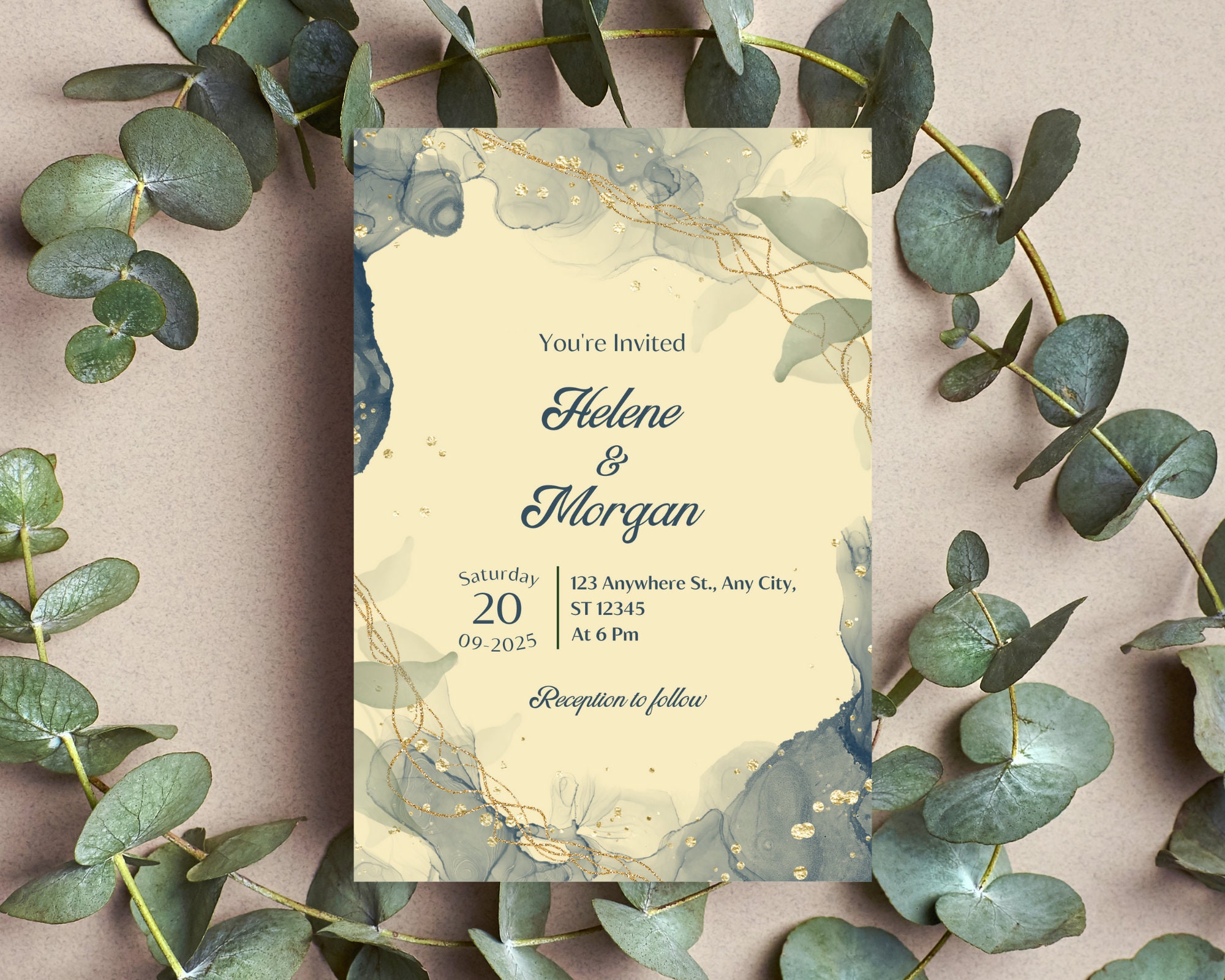 Blue and Cream Wedding Invitation Cards Editable Wedding Invite Digital ...