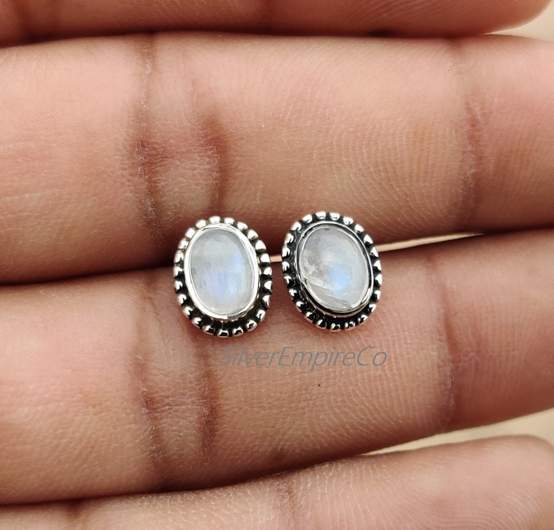 Rainbow Moonstone Studs Earrings, Solid 925 Sterling Silver, 5x7 Oval ...
