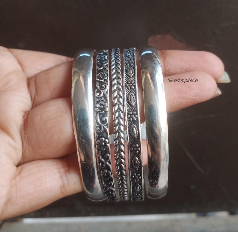 Sterling Silver Floral Stacking Bangles - Set of 5 Boho Style - Etsy