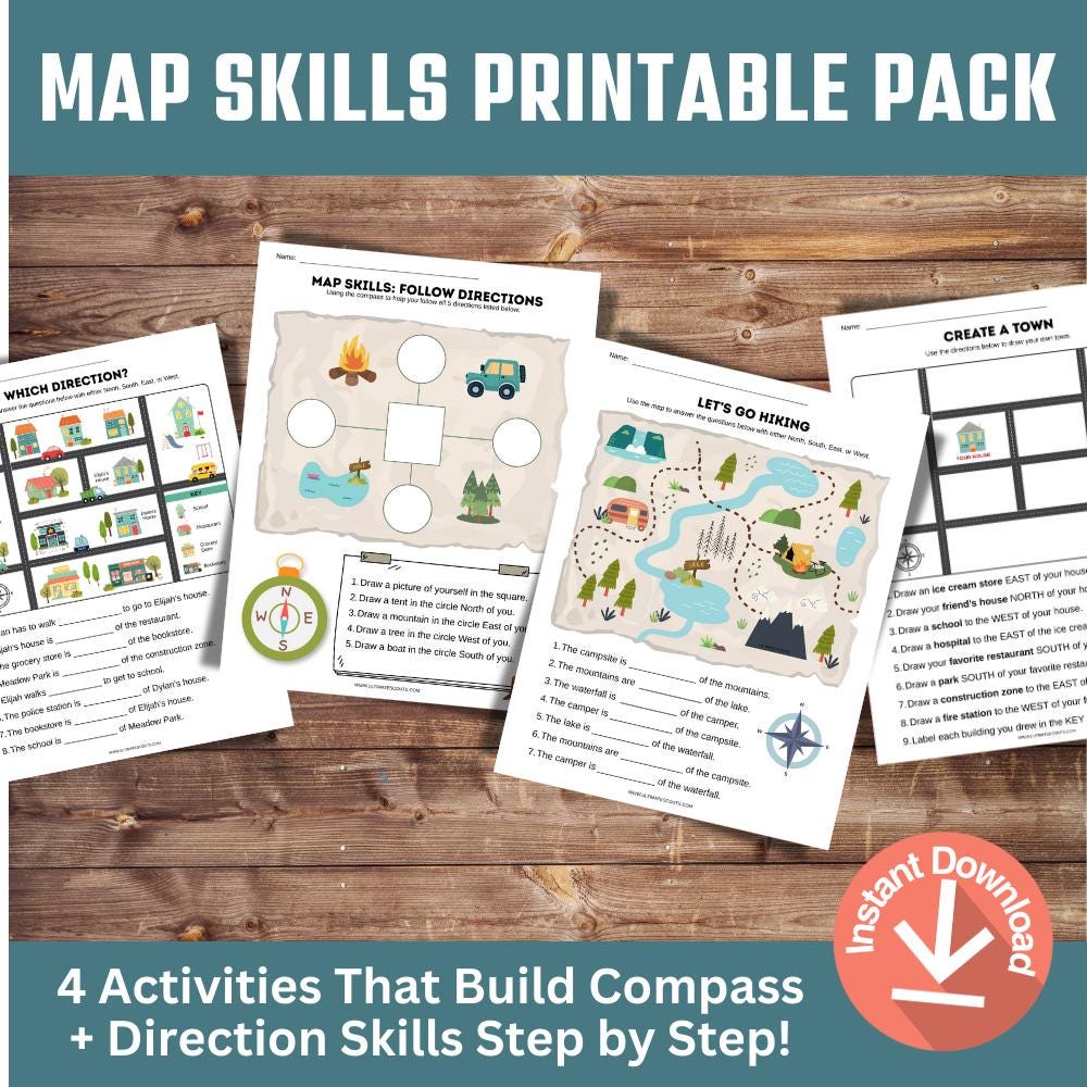 Map Skills Printable Pack for Kids: Compass & Direction Activities (PDF ...