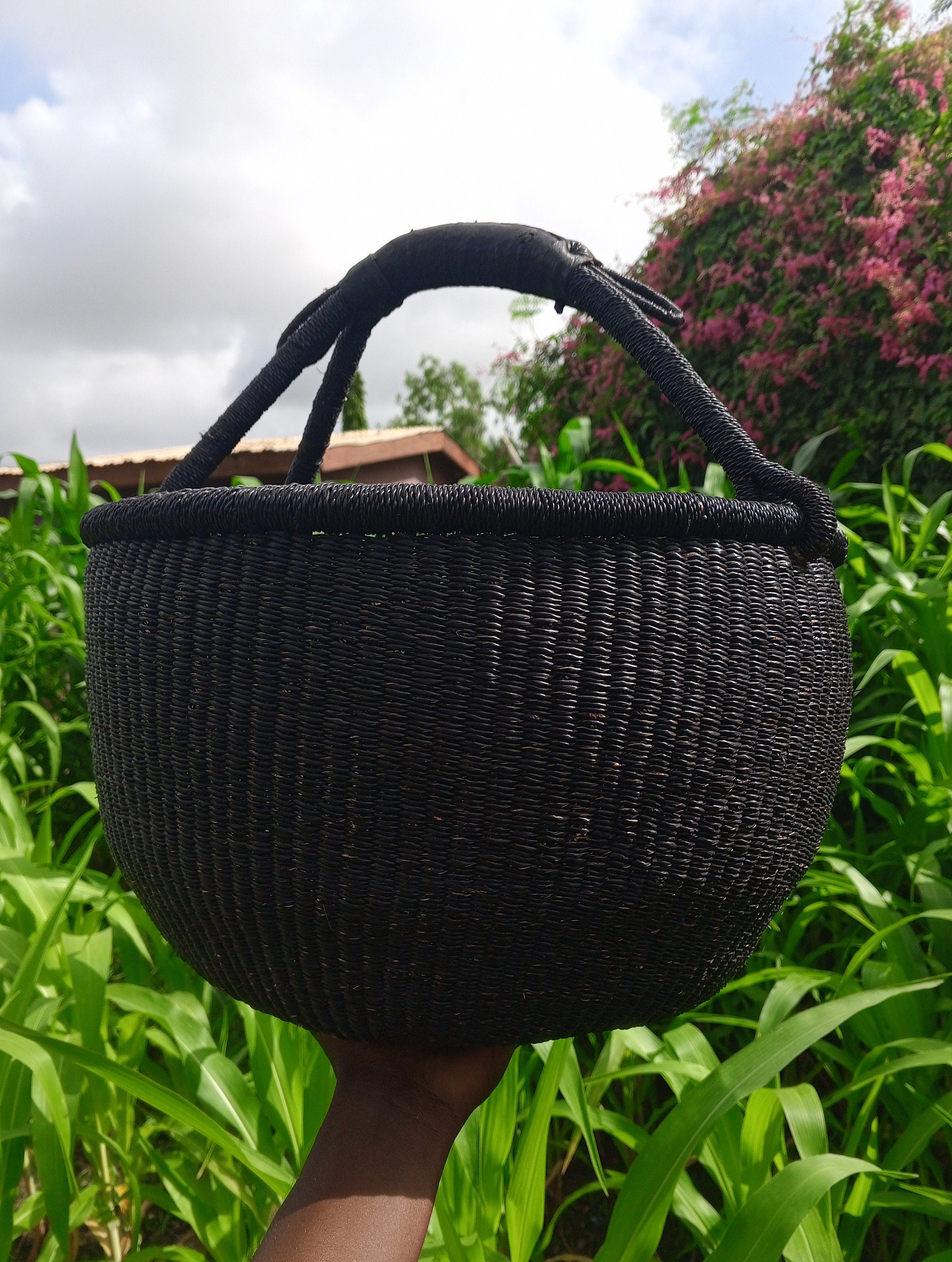 Black Handwoven Straw Basket, Natural Shopping Basket, Garden Harvest ...