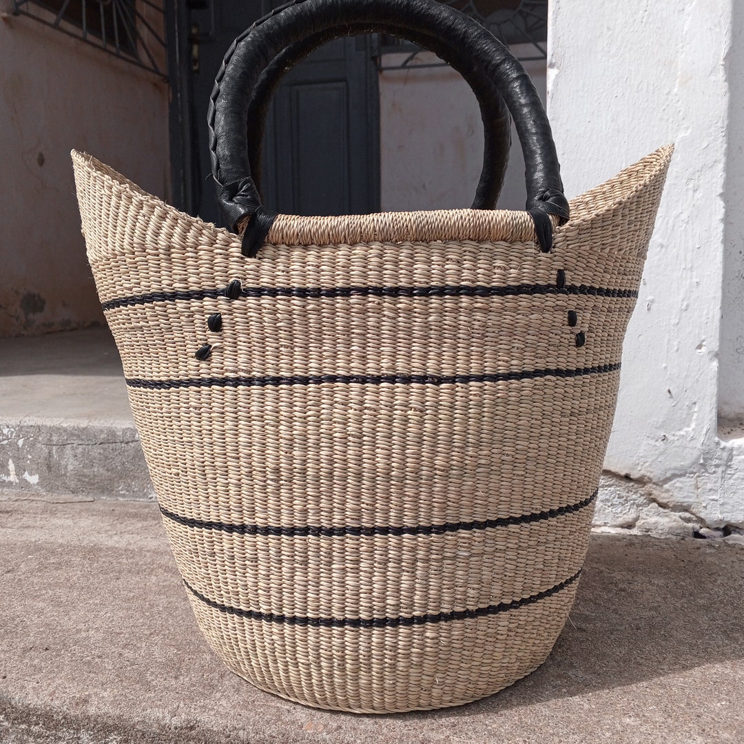 Handwoven Native Basket| Straw U-shopper With Black Handle| Eco ...