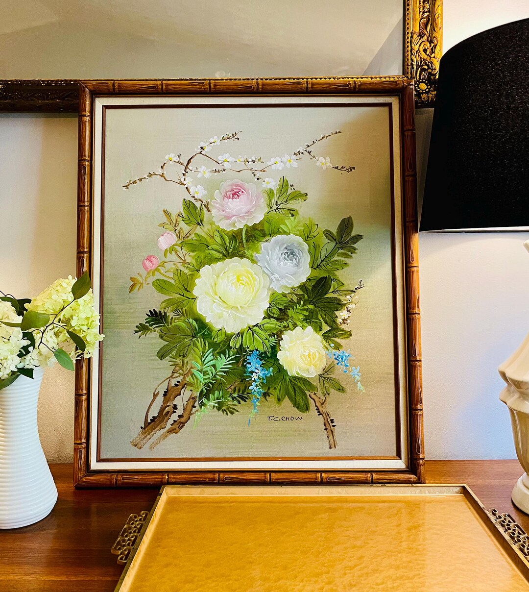 Vintage Floral Oil Painting in Bamboo Frame by T.C. Chow - Etsy