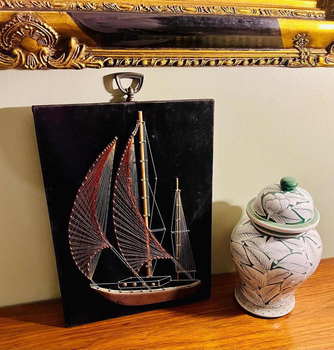 Vintage MCM Clipper Ship String Art on Black Velvet - Etsy