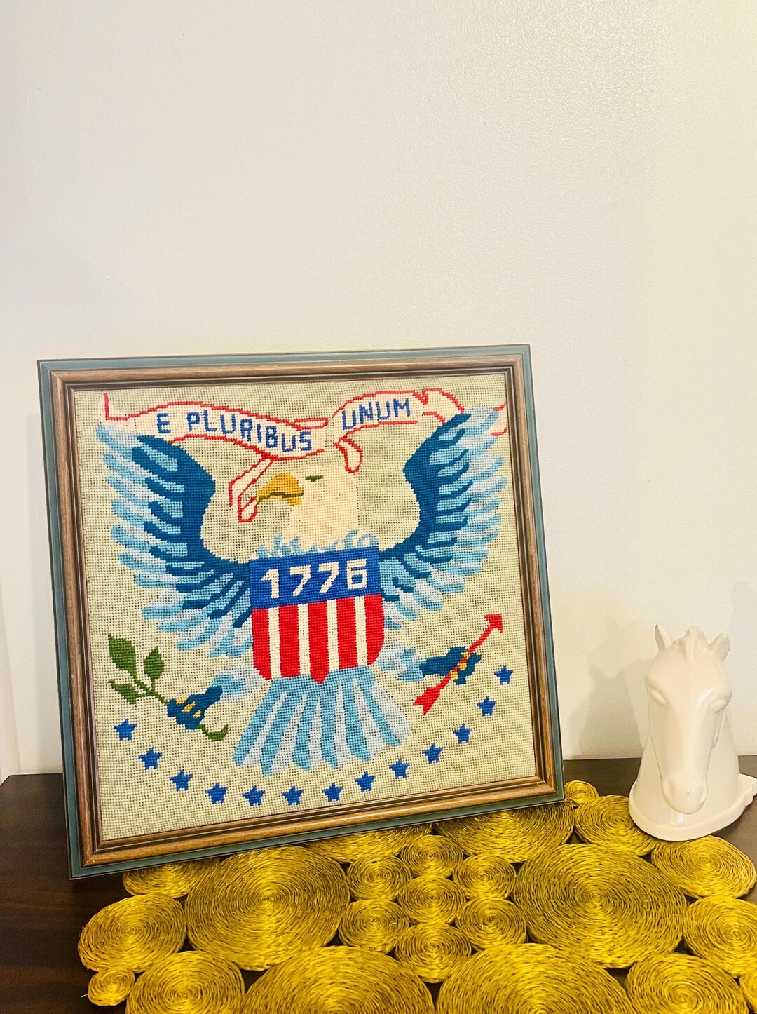 Vintage Needlepoint Embroidery Art 1776 American Eagle Artwork 1970s ...