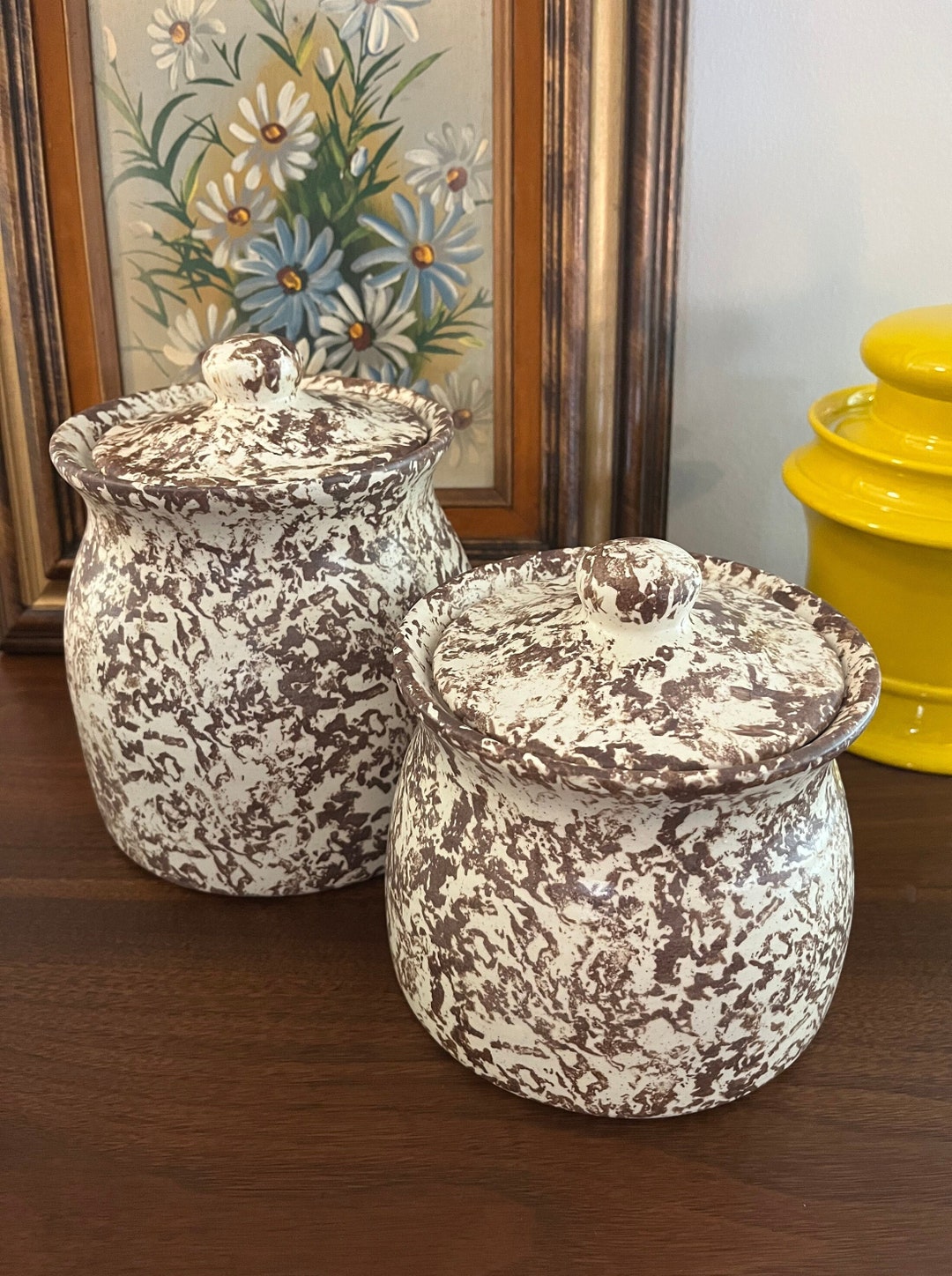 Retro Spatterware Lidded Kitchen Canister Jars in Cream and Brown Set ...